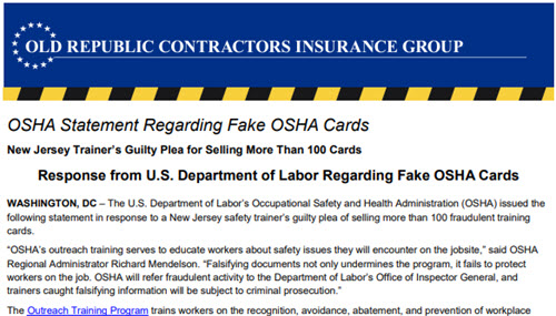 OSHA Statement Regarding Fake OSHA Cards
